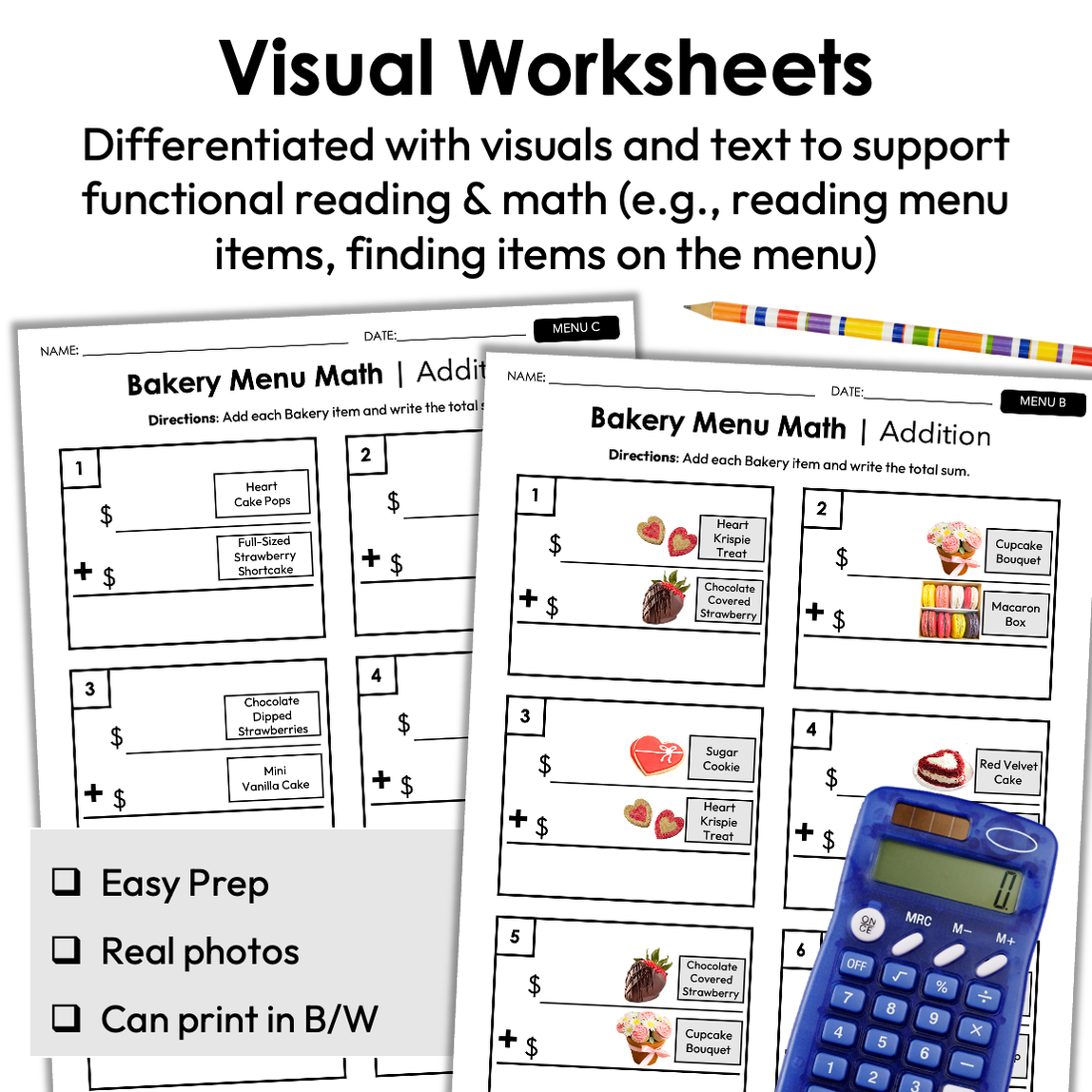Menu Math Worksheets | Valentine's Bakery | Addition — Autism Grown Up