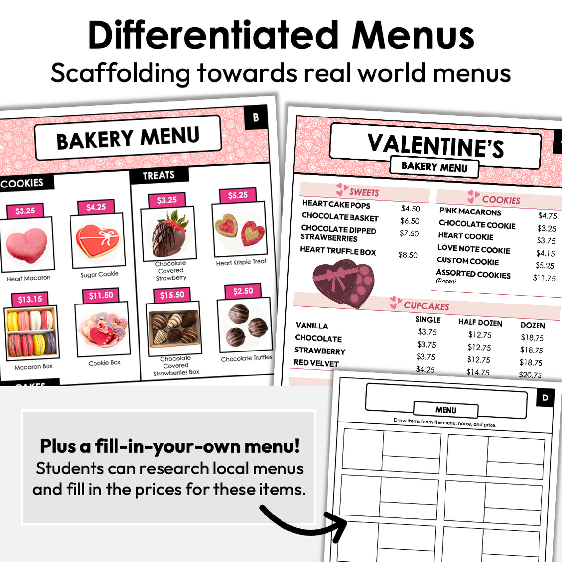 Menu Math Worksheets | Valentine's Bakery | Subtraction — Autism Grown Up