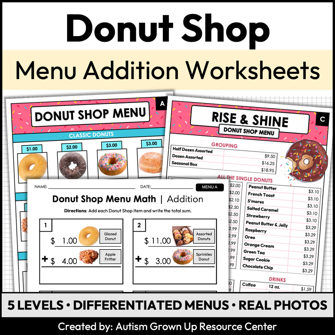 Menu Math Worksheets | Donut Shop | Addition — Autism Grown Up