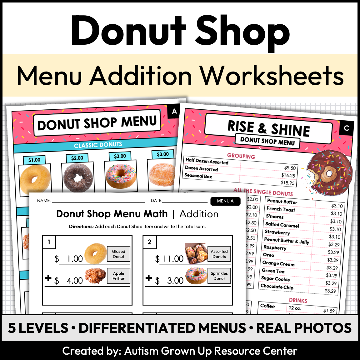 Menu Math Worksheets | Donut Shop | Addition — Autism Grown Up