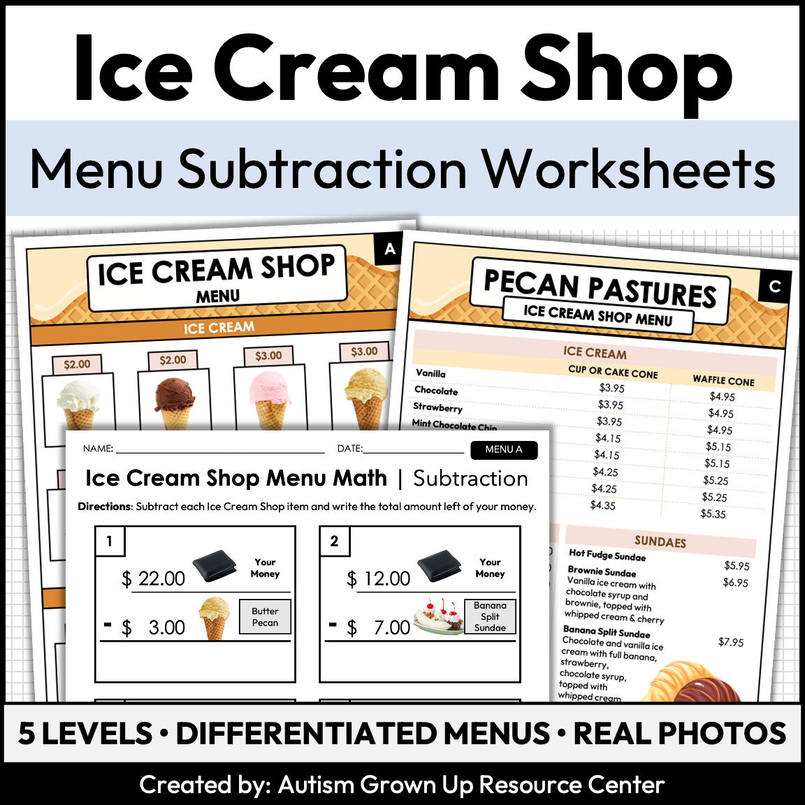 Menu Math Worksheets | Ice Cream Shop | Subtraction — Autism Grown Up