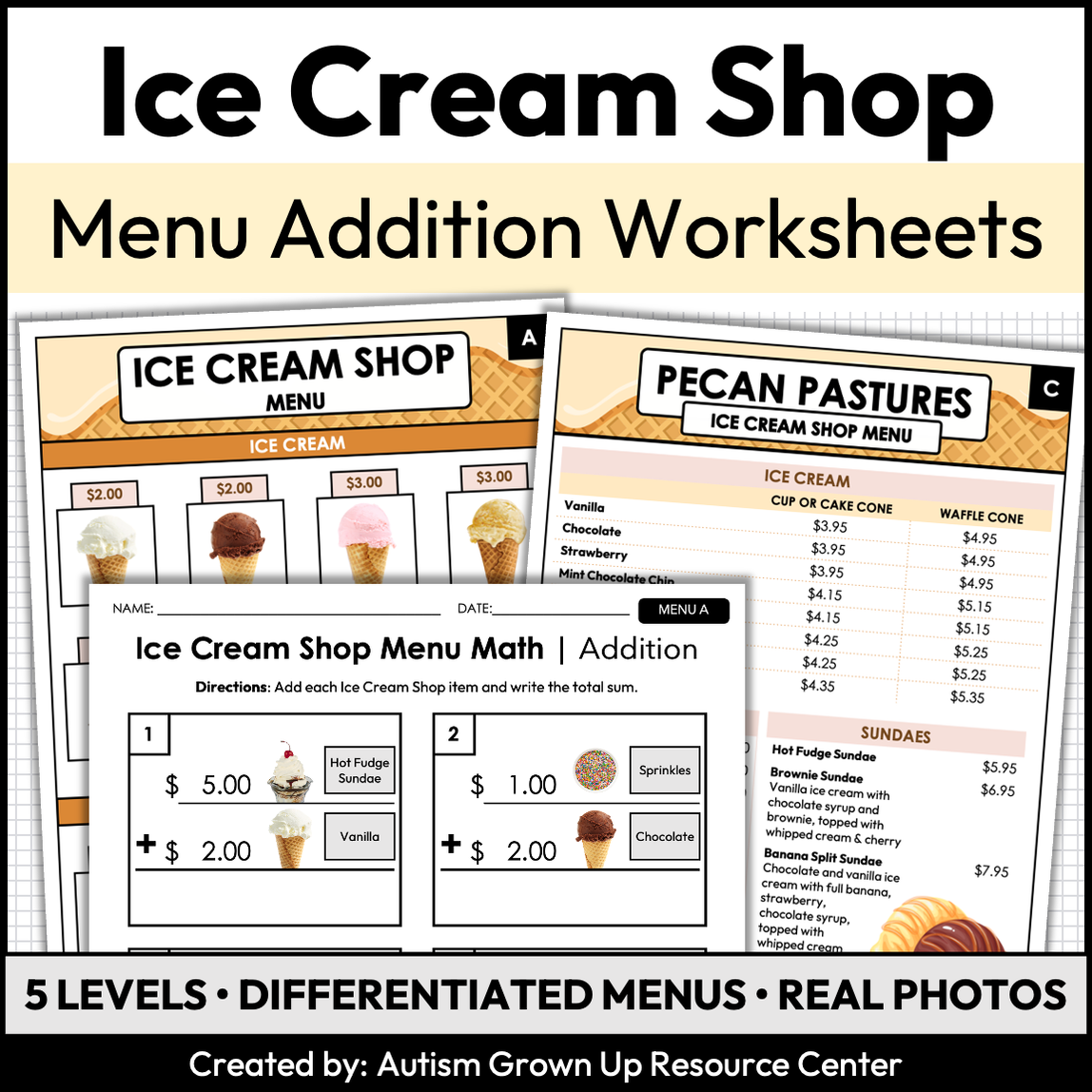 Menu Math Worksheets | Ice Cream Shop | Addition — Autism Grown Up