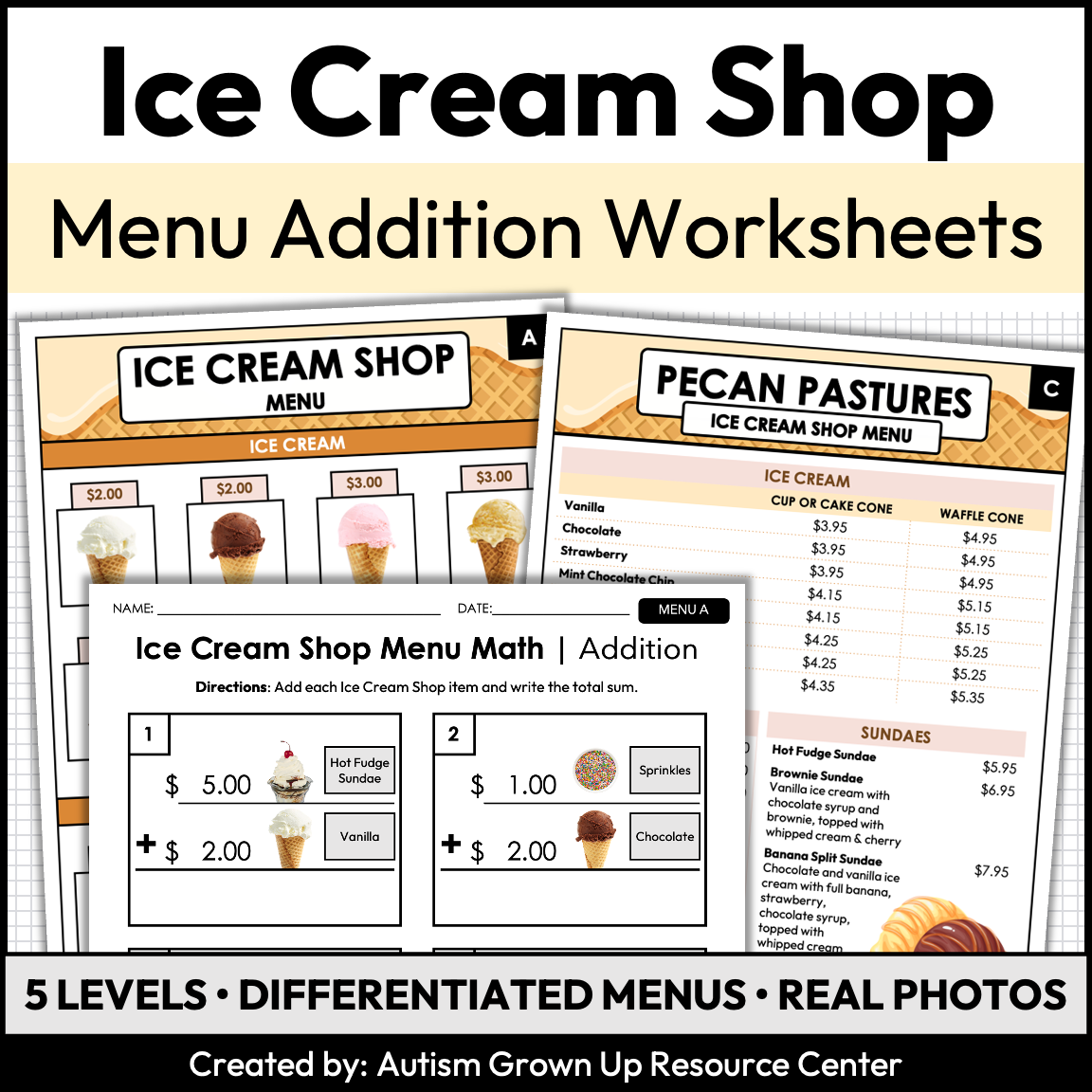 Menu Math Worksheets | Ice Cream Shop | Addition — Autism Grown Up