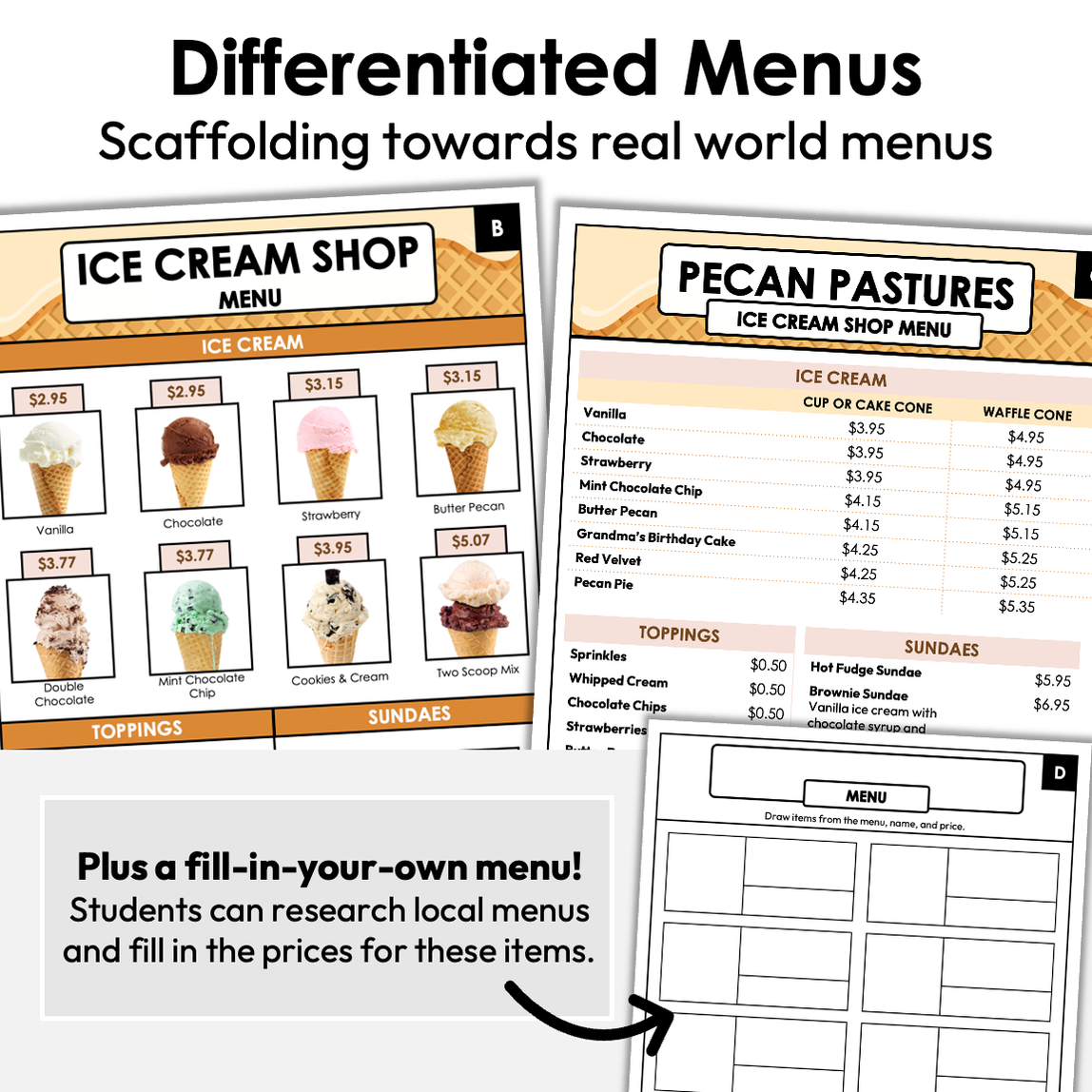 Menu Math Worksheets | Ice Cream Shop | Addition — Autism Grown Up
