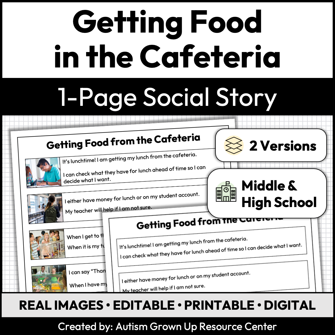 Getting Food in the Cafeteria | 1-Page Social Story | Middle and High ...