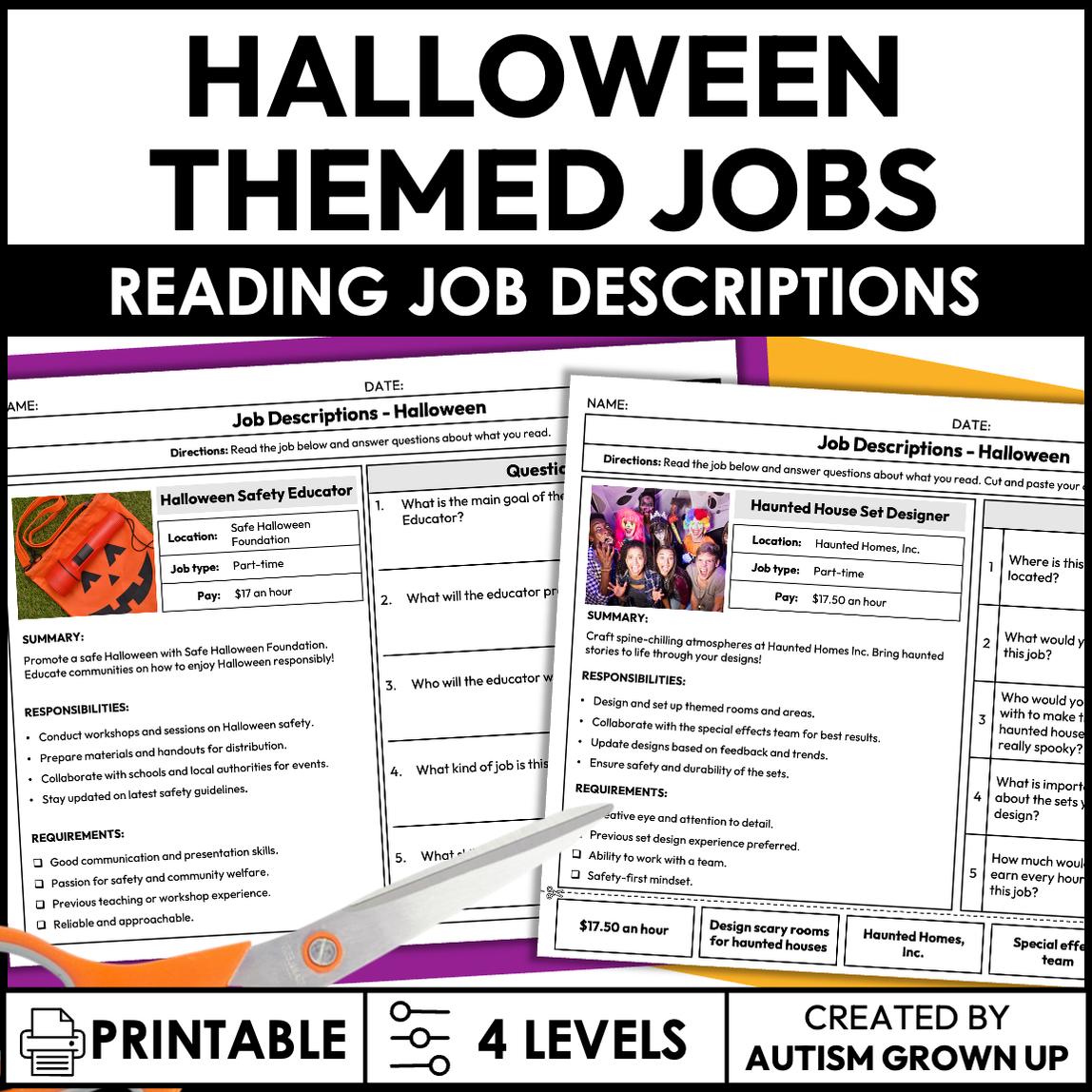 Halloween Job Skills | Reading Halloween Job Descriptions | Special Ed ...