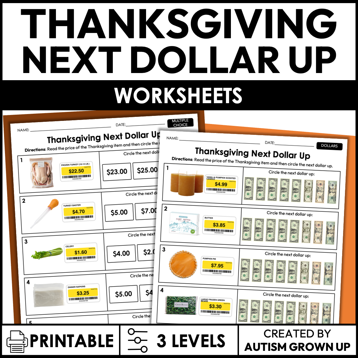 Thanksgiving Next Dollar Up Worksheets for Special Education — Autism ...