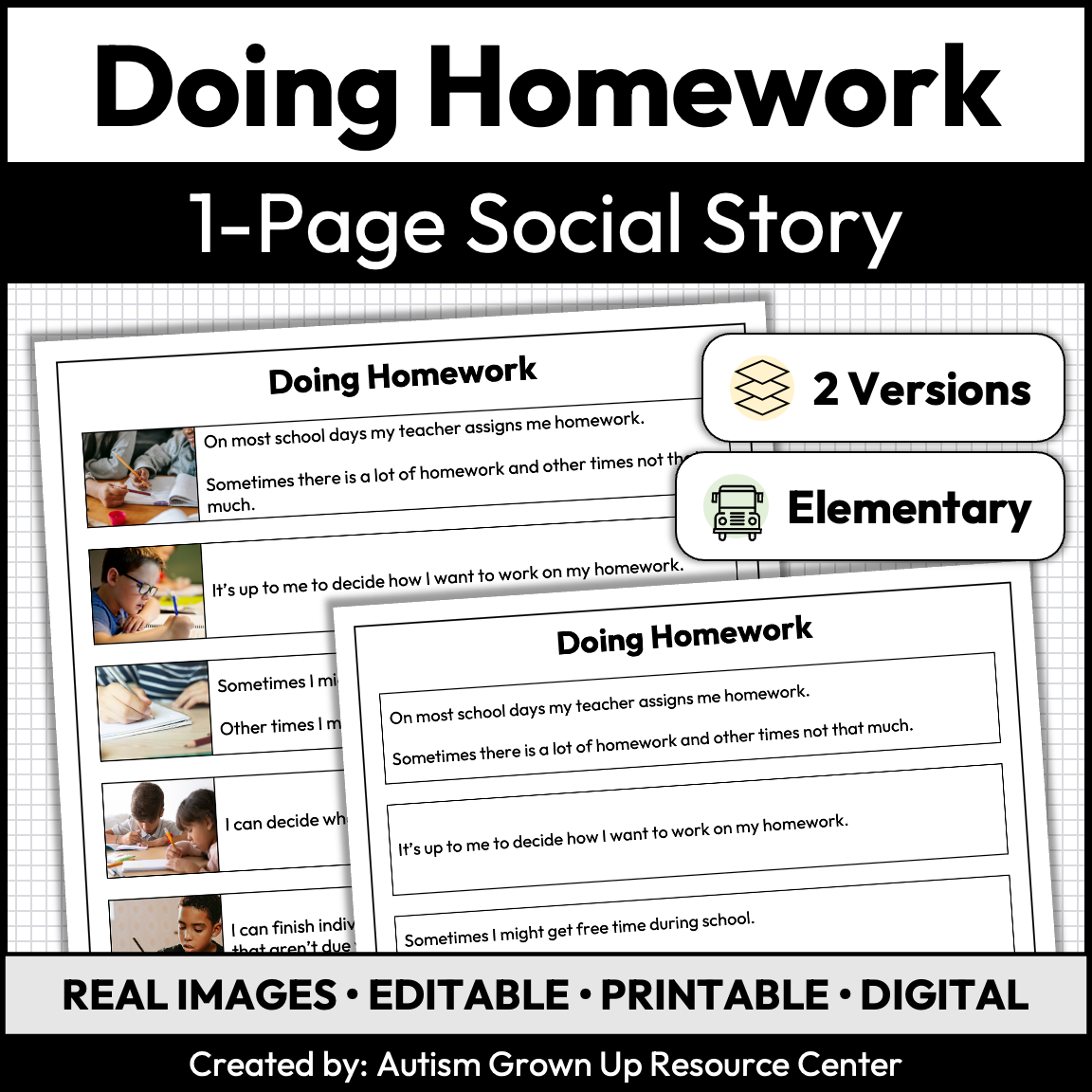 Doing Homework | 1-Page Social Story | Elementary — Autism Grown Up