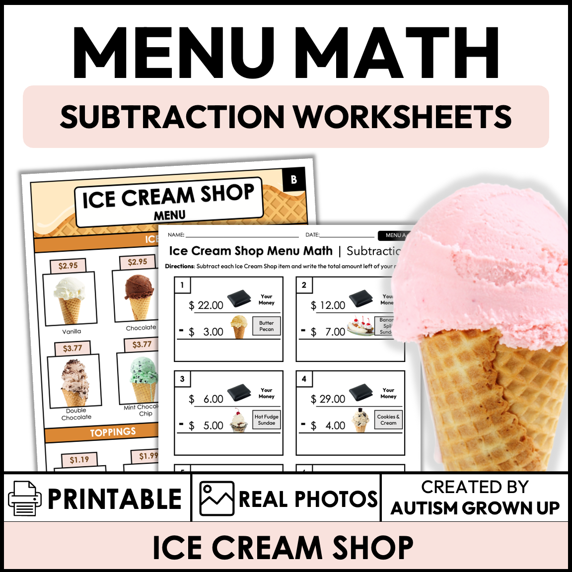 Menu Math Worksheets | Ice Cream Shop | Subtraction — Autism Grown Up