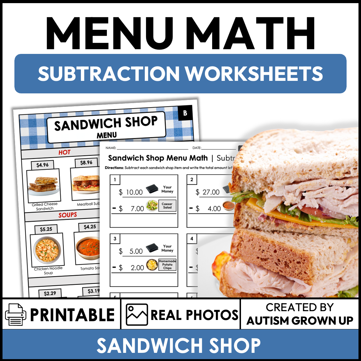 Menu Math Worksheets | Sandwich Shop | Subtraction — Autism Grown Up