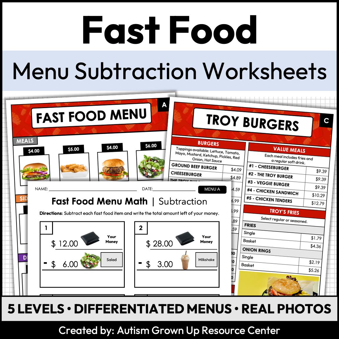 Menu Math Worksheets | Fast Food | Subtraction — Autism Grown Up