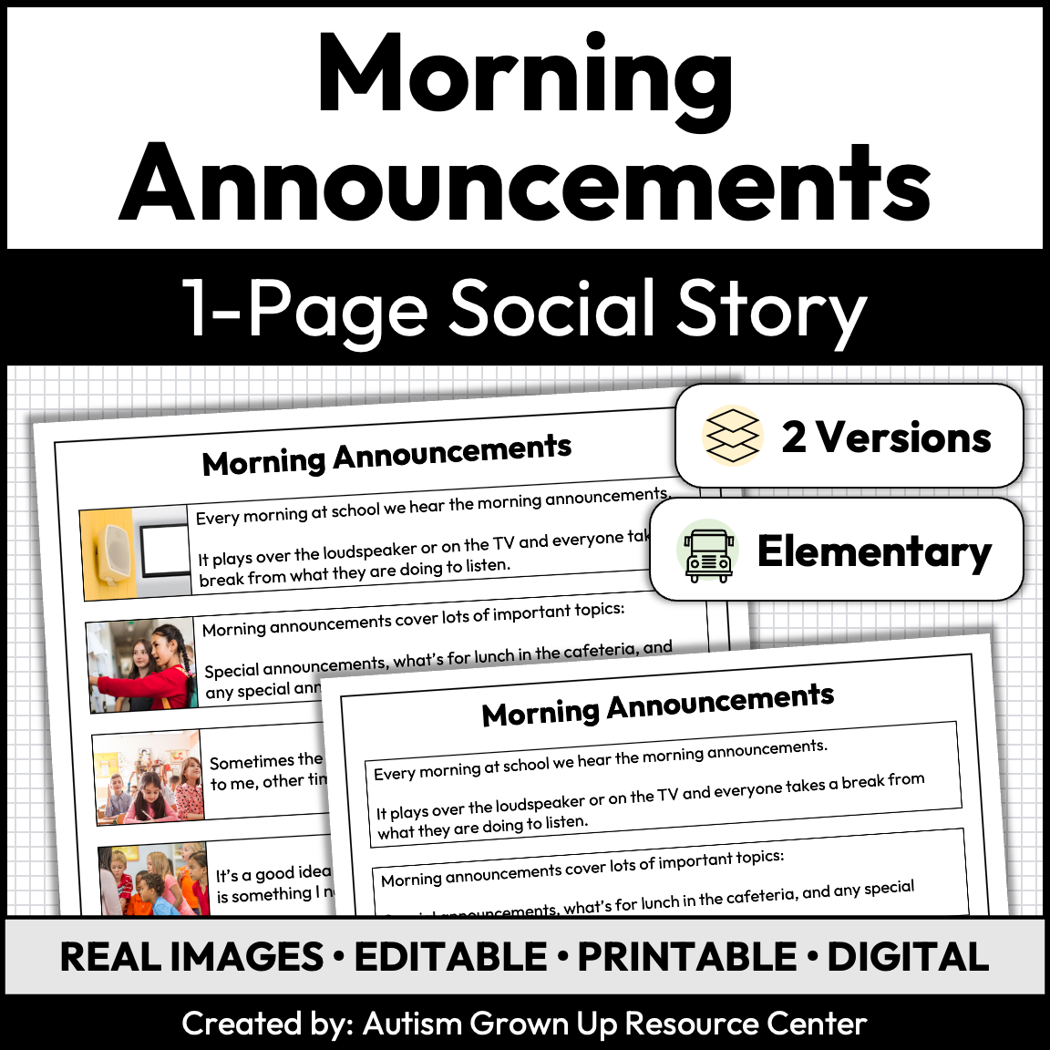 Morning Announcements | 1-Page Social Story | Elementary — Autism Grown Up