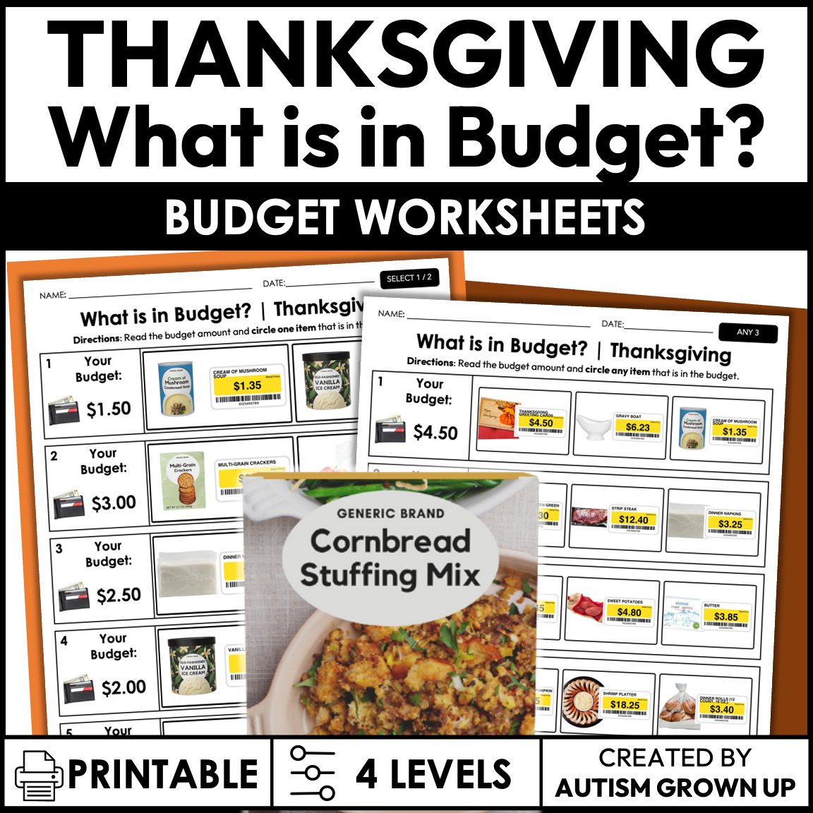 Thanksgiving Budget Worksheets for Special Education — Autism Grown Up