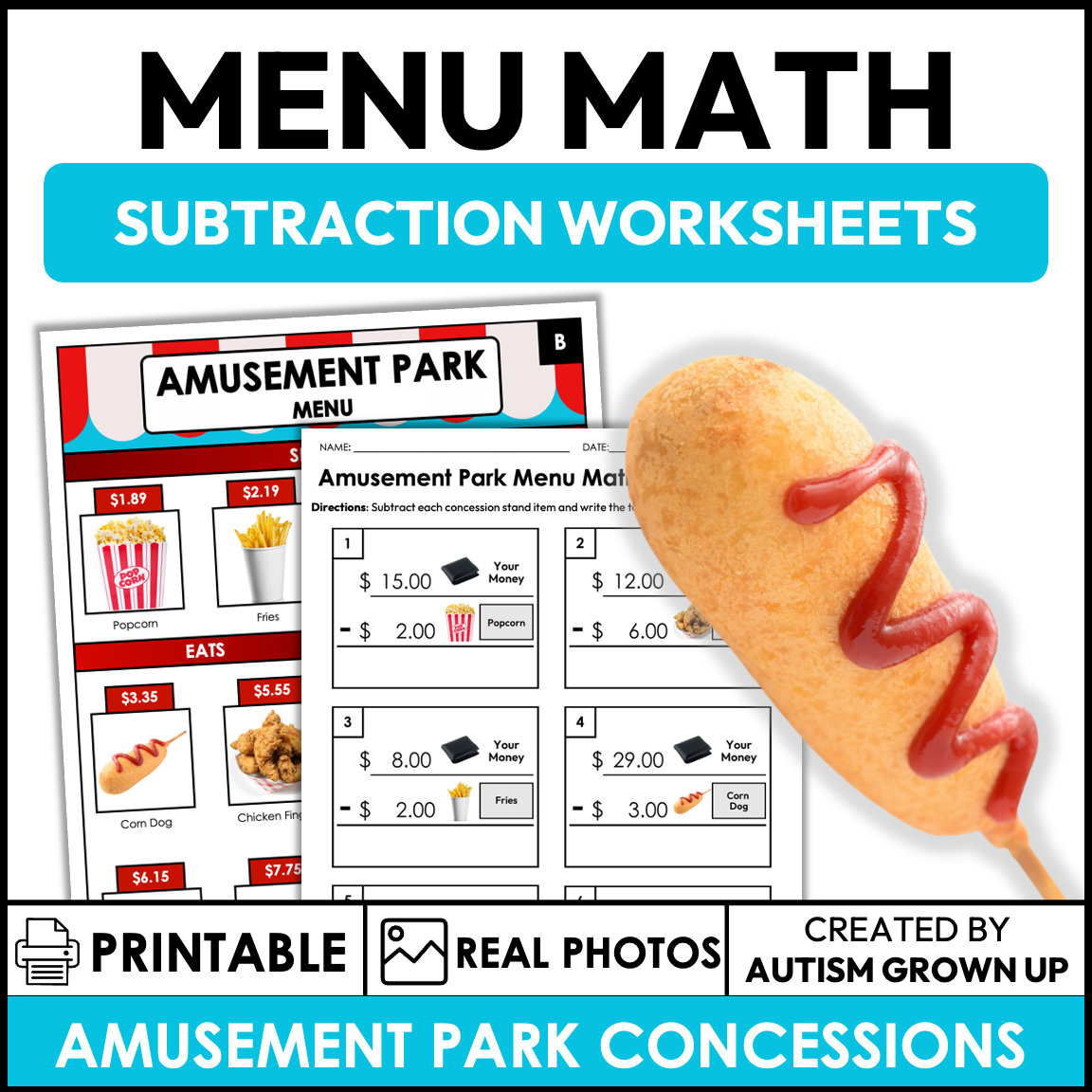 Menu Math Worksheets | Amusement Park Concession Stand | Subtraction ...