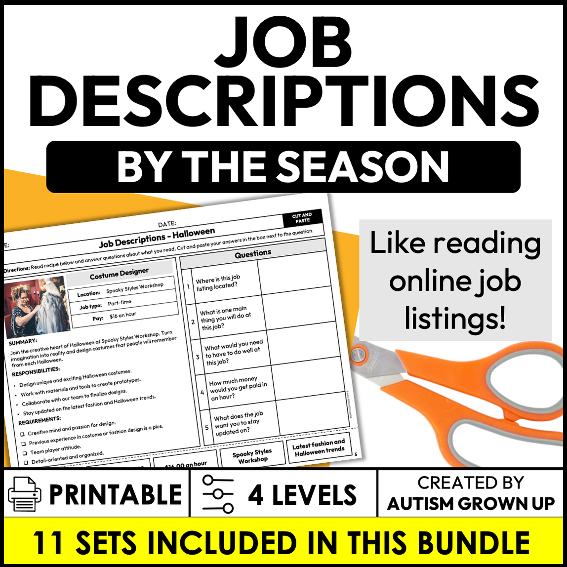 Seasonal Job Descriptions | Life Skills Worksheets Bundle — Autism Grown Up