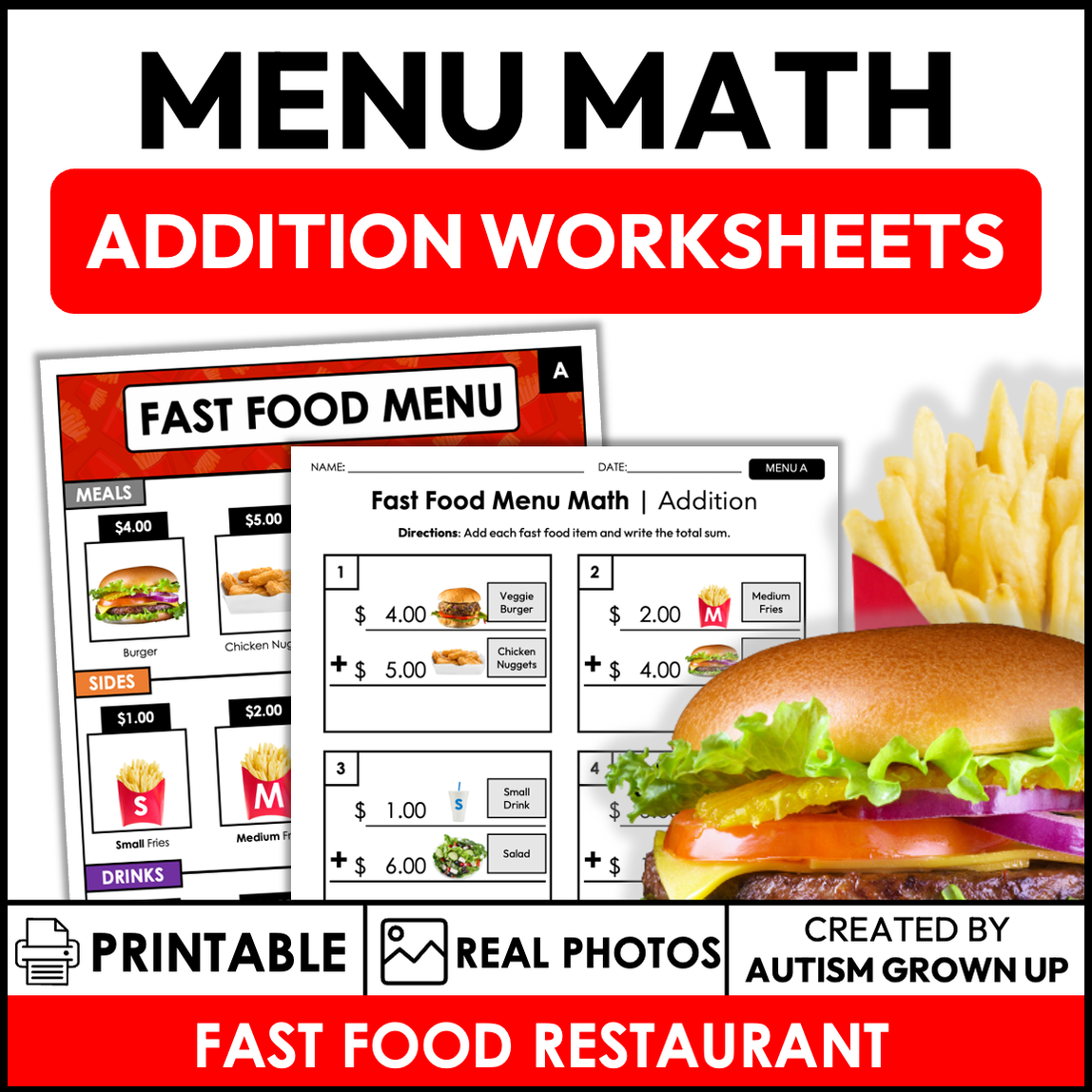Menu Math Worksheets | Fast Food | Addition — Autism Grown Up