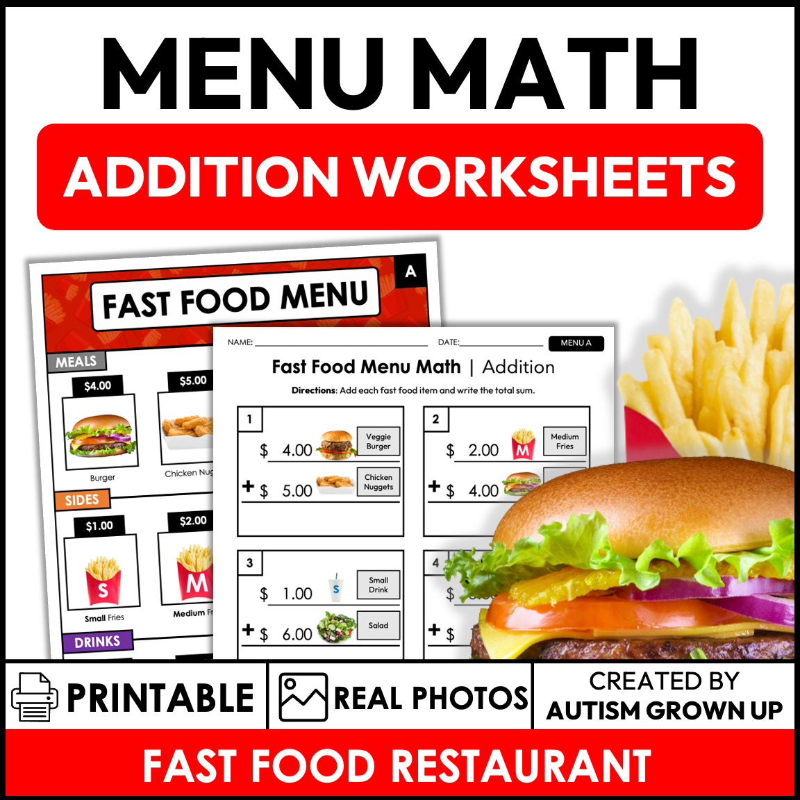 Menu Math Worksheets | Fast Food | Addition — Autism Grown Up