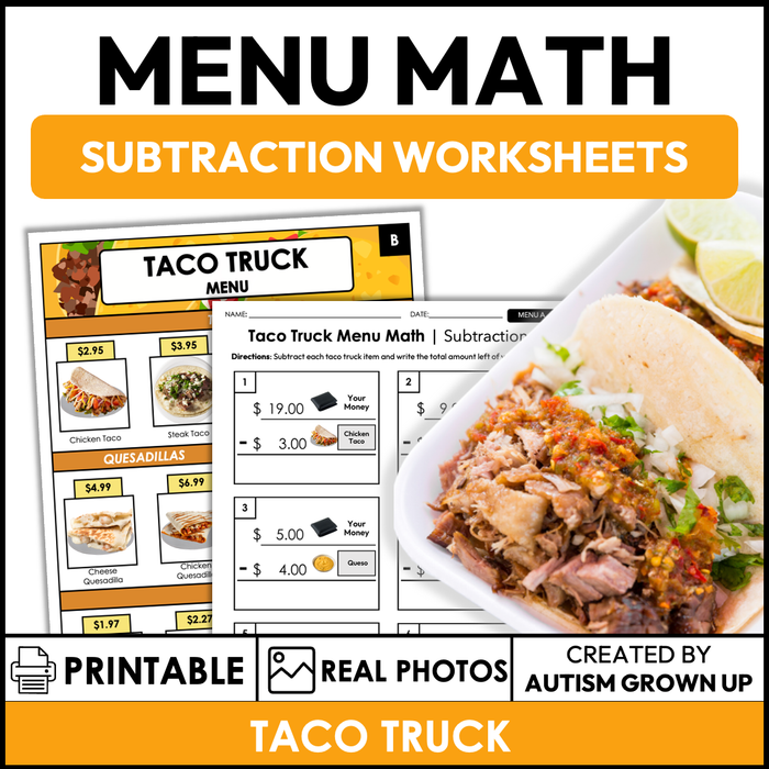 Menu Math Worksheets | Taco Truck | Subtraction — Autism Grown Up
