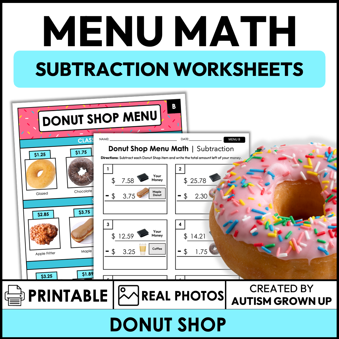 Menu Math Worksheets | Donut Shop | Subtraction — Autism Grown Up