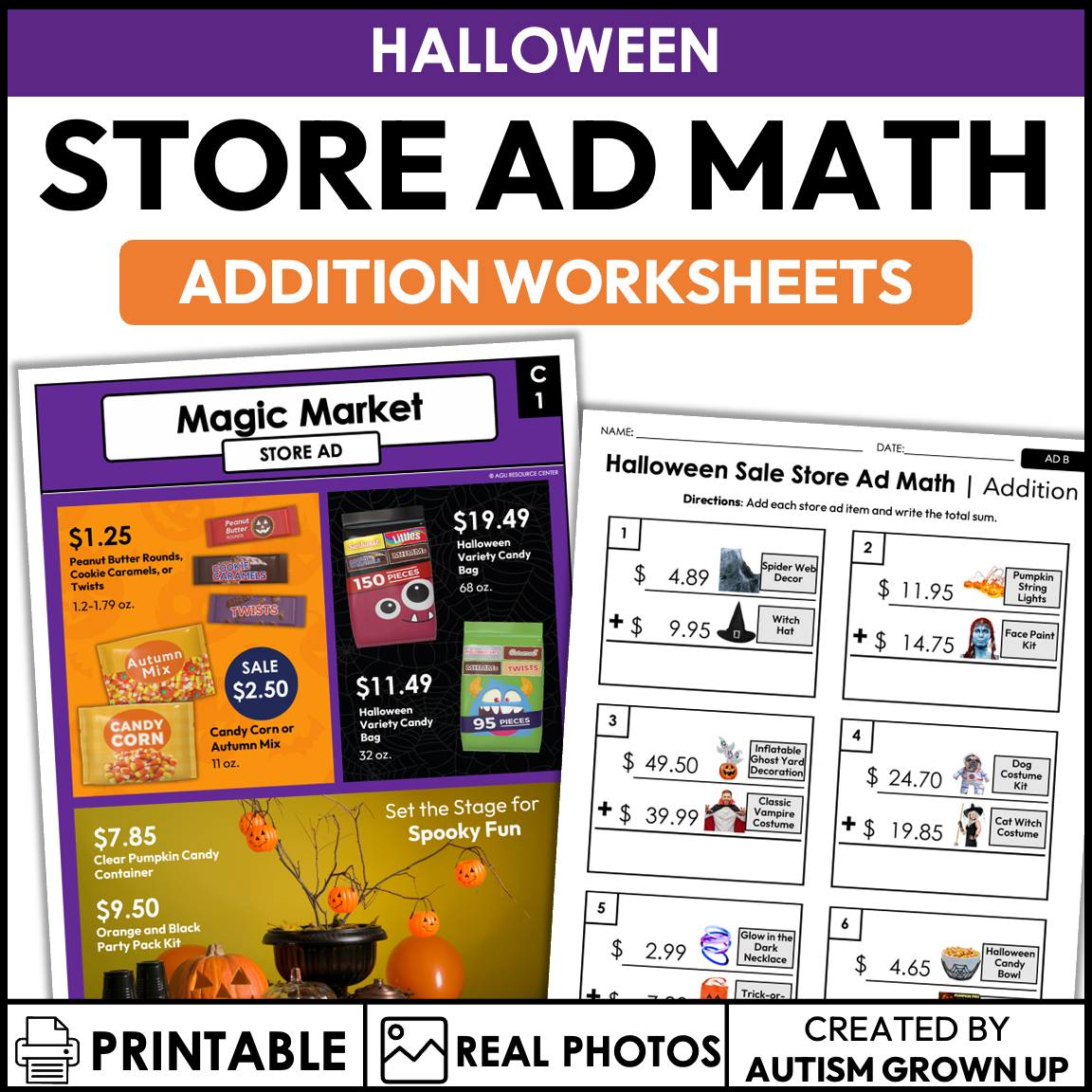 Halloween Store Ad Worksheets | Addition — Autism Grown Up