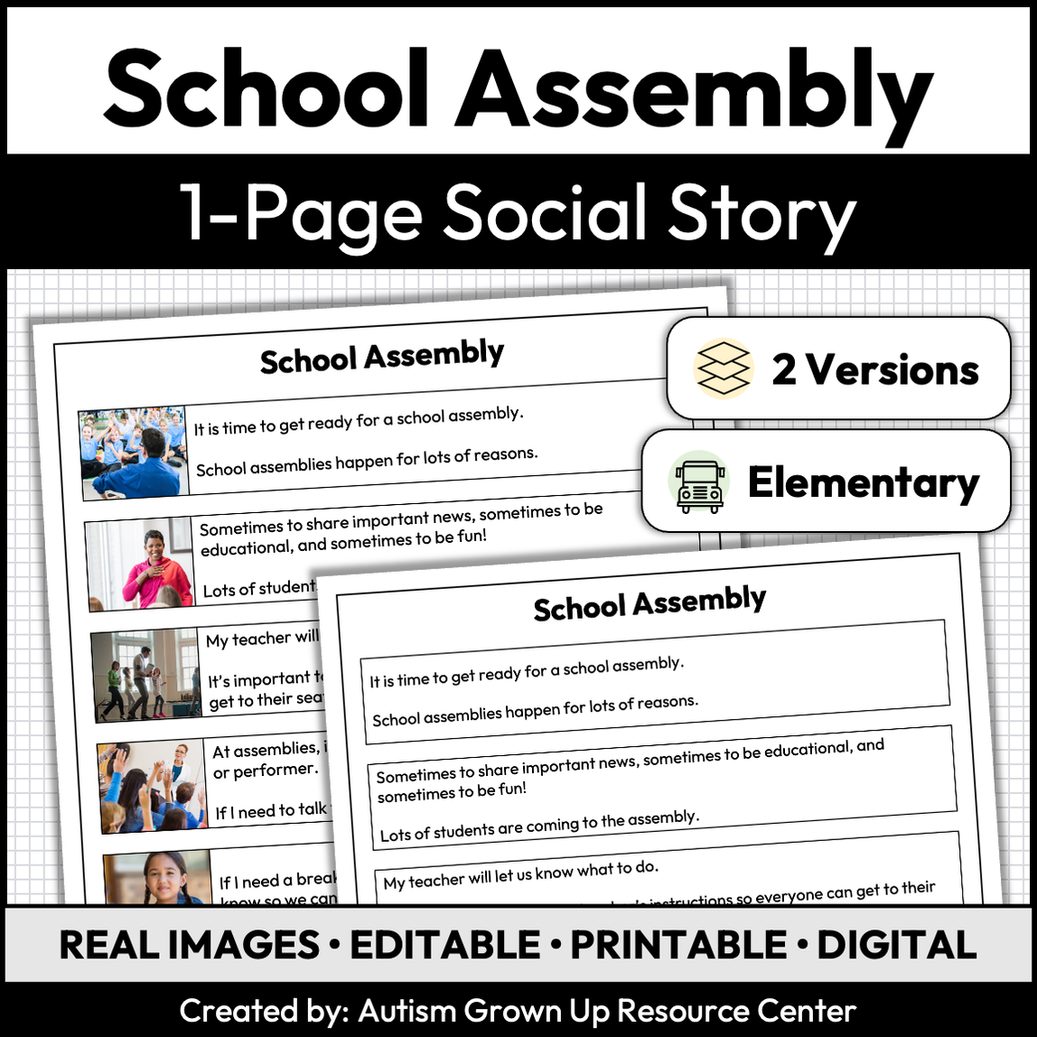 School Assembly | 1-Page Social Story | Elementary — Autism Grown Up