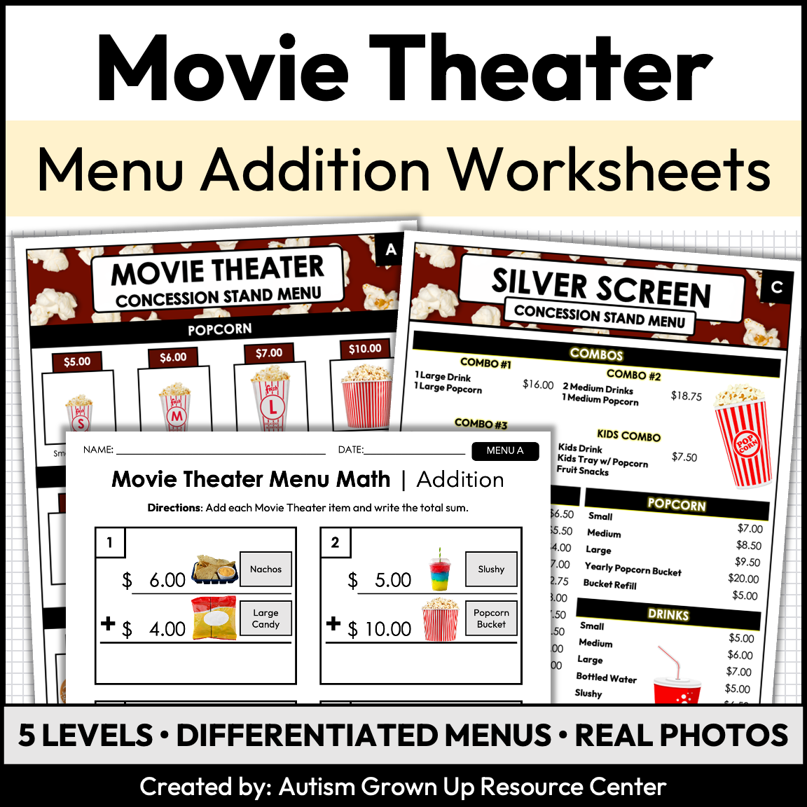 Menu Math Worksheets | Movie Theater Concession Stand | Addition ...