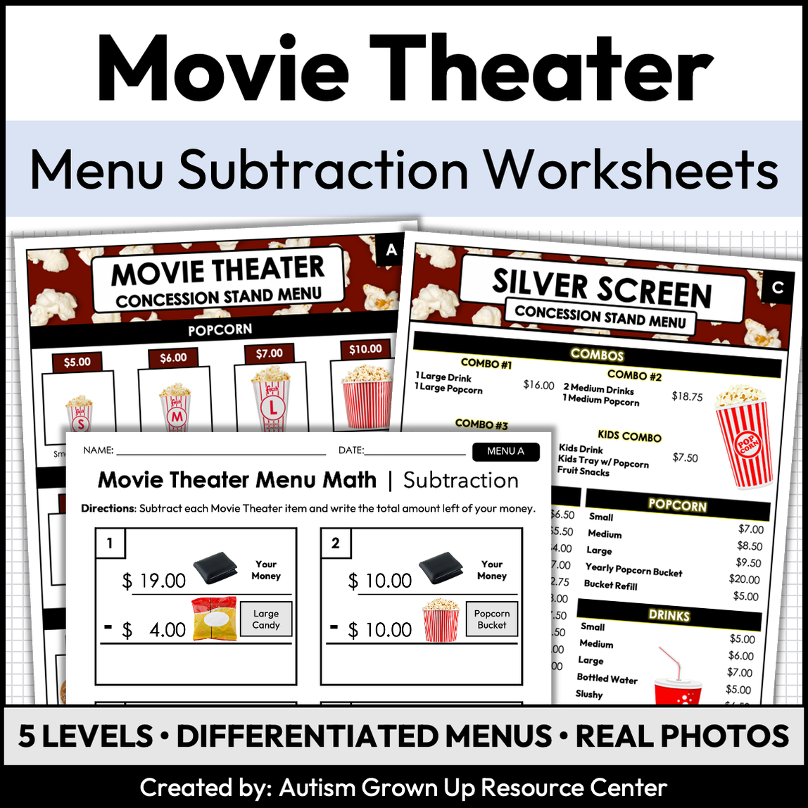 Menu Math Worksheets | Movie Theater Concession Stand | Subtraction ...