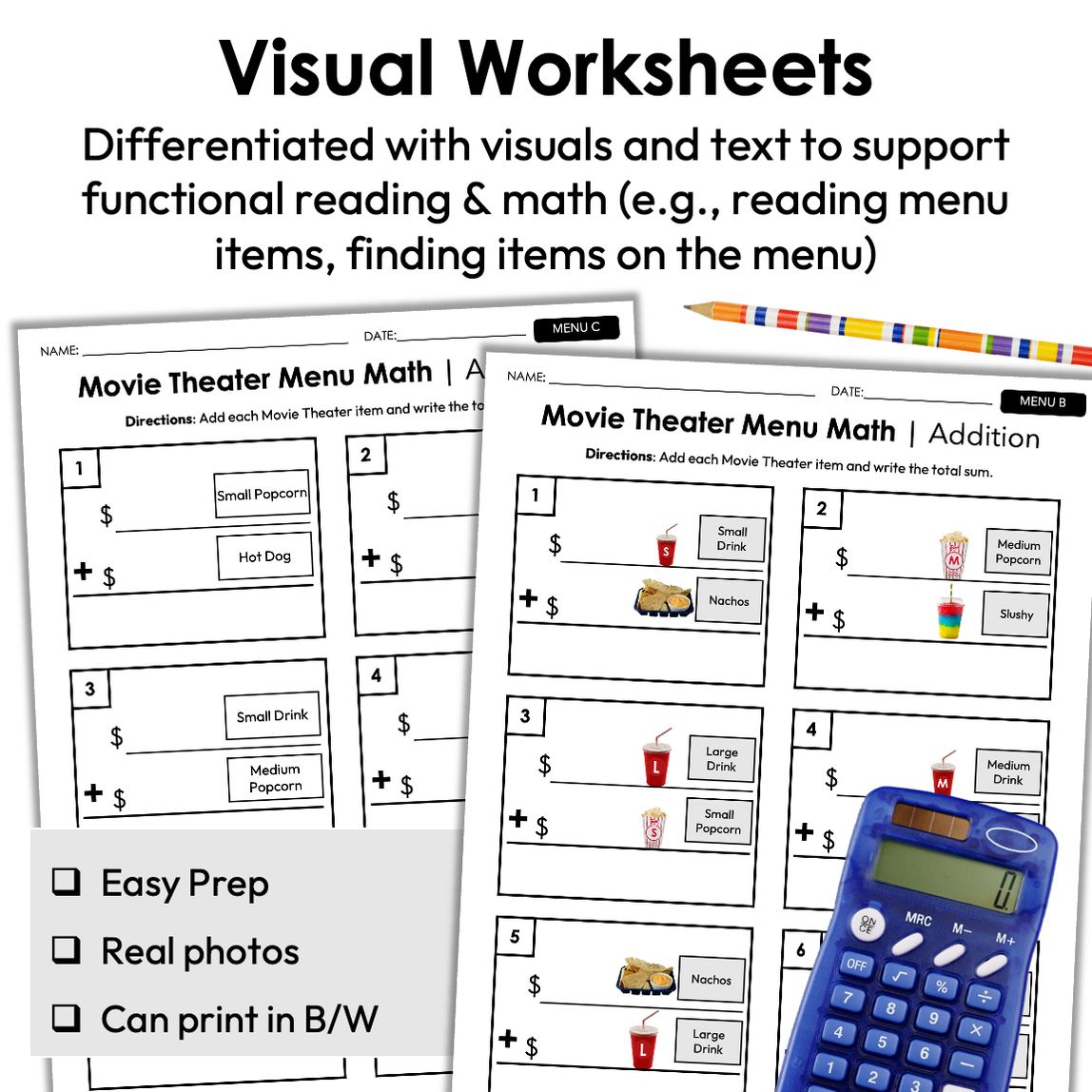Menu Math Worksheets | Movie Theater Concession Stand | Addition ...