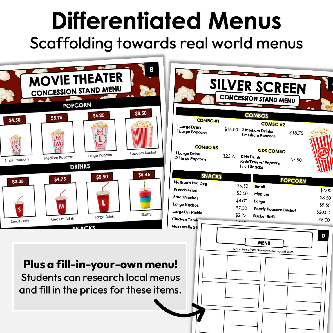Menu Math Worksheets | Movie Theater Concession Stand | Subtraction ...