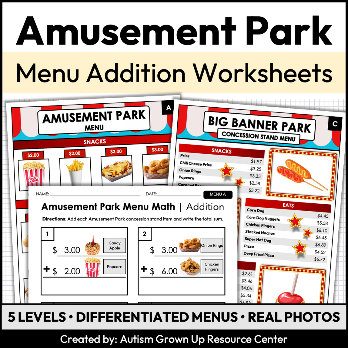 Menu Math Worksheets | Amusement Park Concession Stand | Addition ...
