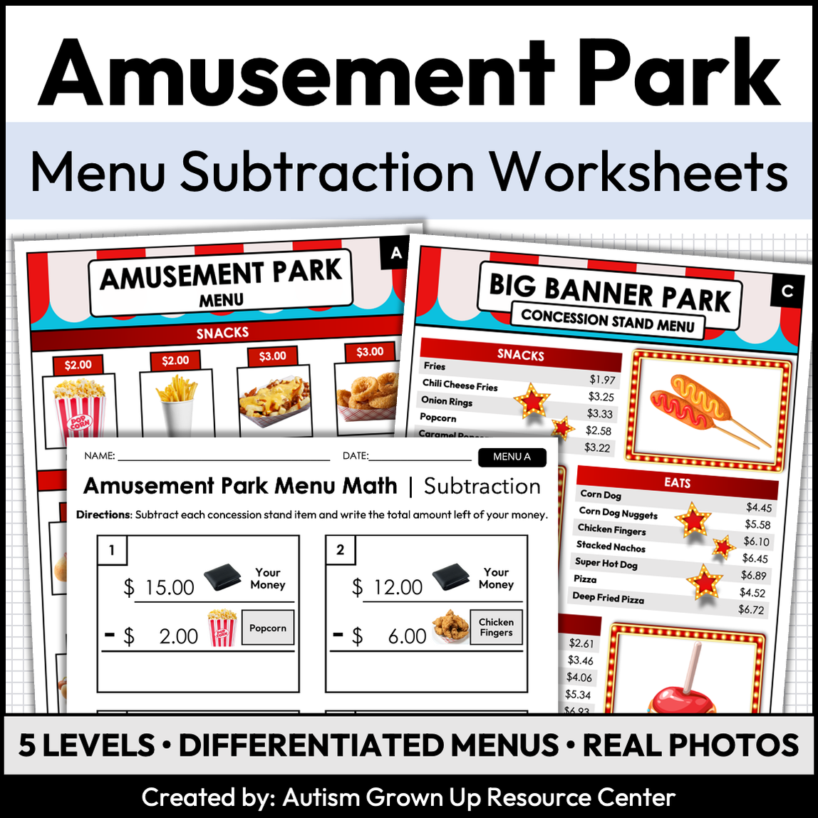 Menu Math Worksheets | Amusement Park Concession Stand | Subtraction ...