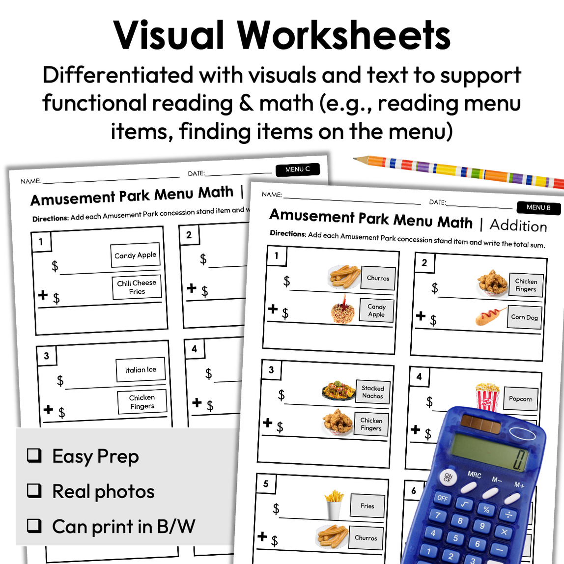 Menu Math Worksheets | Amusement Park Concession Stand | Addition ...
