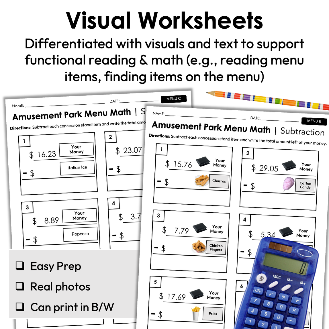 Menu Math Worksheets | Amusement Park Concession Stand | Subtraction ...