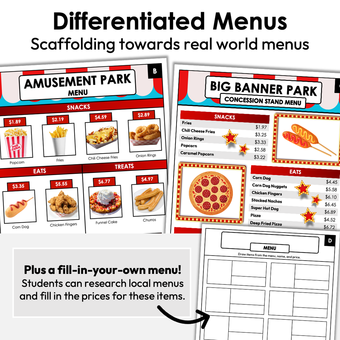 Menu Math Worksheets | Amusement Park Concession Stand | Subtraction ...