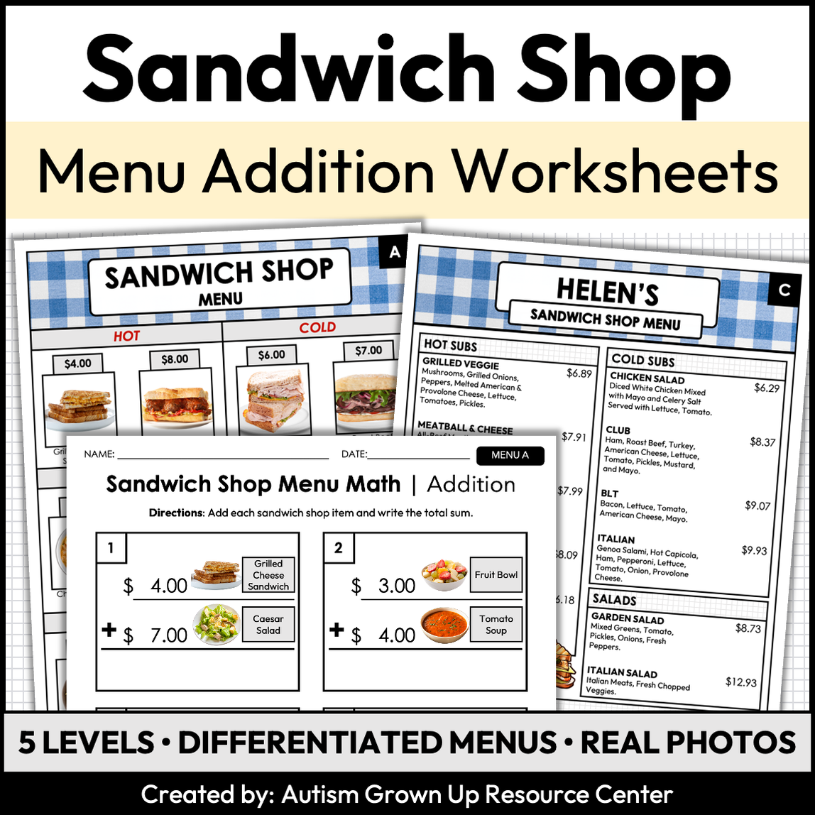 Menu Math Worksheets | Sandwich Shop | Addition — Autism Grown Up