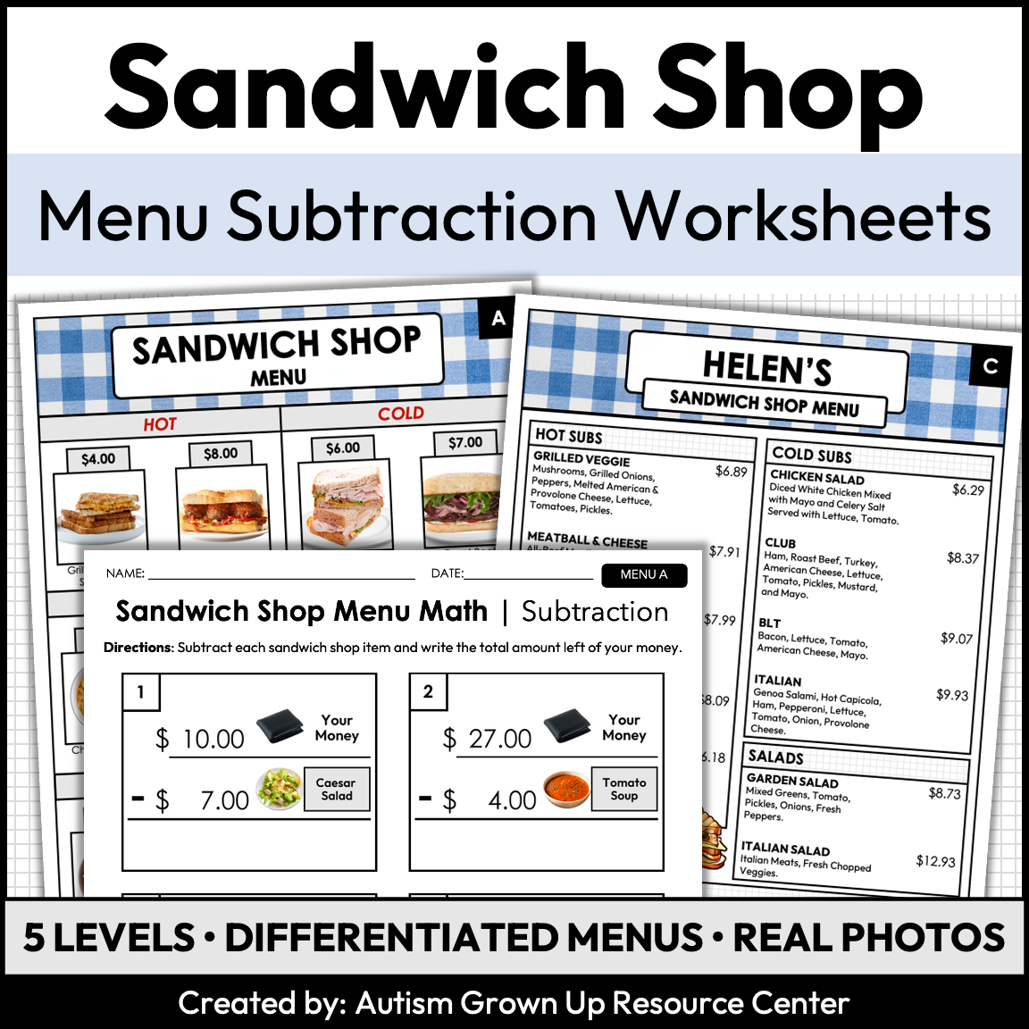 Menu Math Worksheets | Sandwich Shop | Subtraction — Autism Grown Up
