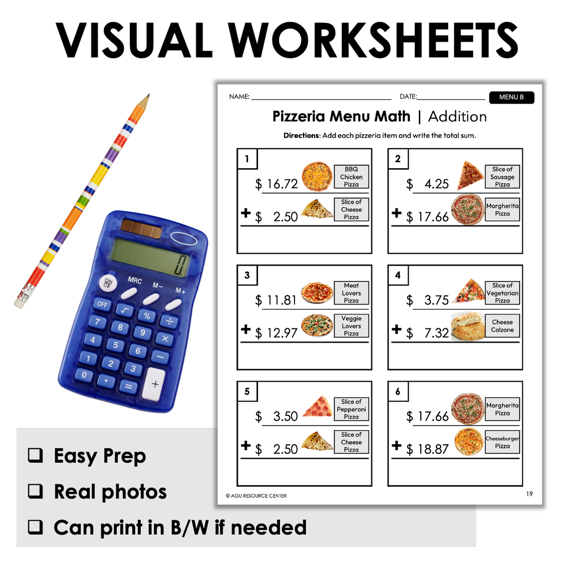 Menu Math Worksheets | Pizzeria | Addition — Autism Grown Up