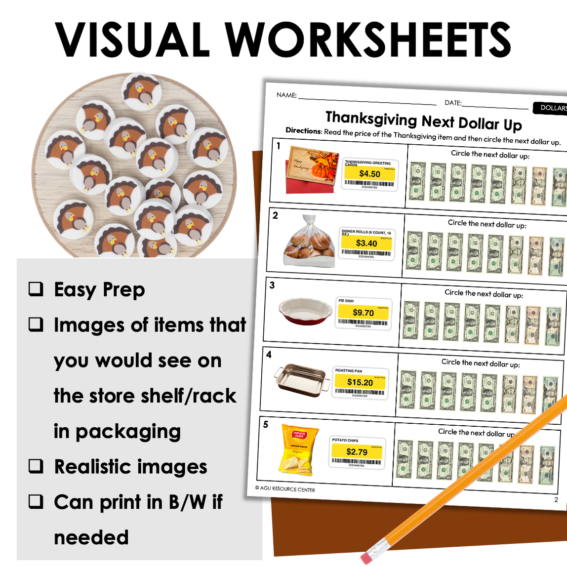 Thanksgiving Next Dollar Up Worksheets for Special Education — Autism ...