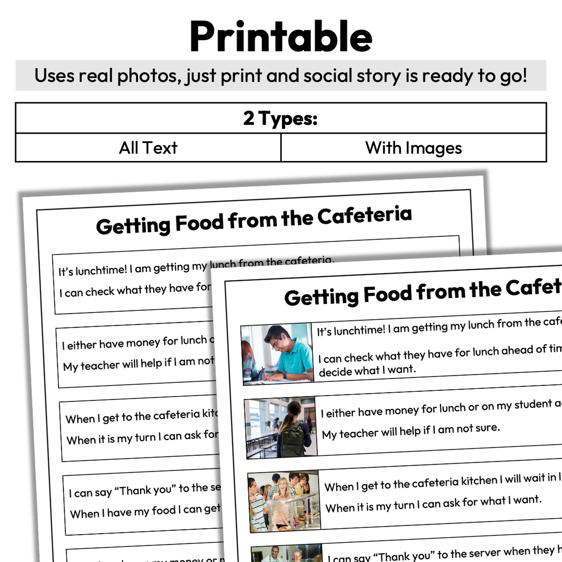 Getting Food in the Cafeteria | 1-Page Social Story | Middle and High ...