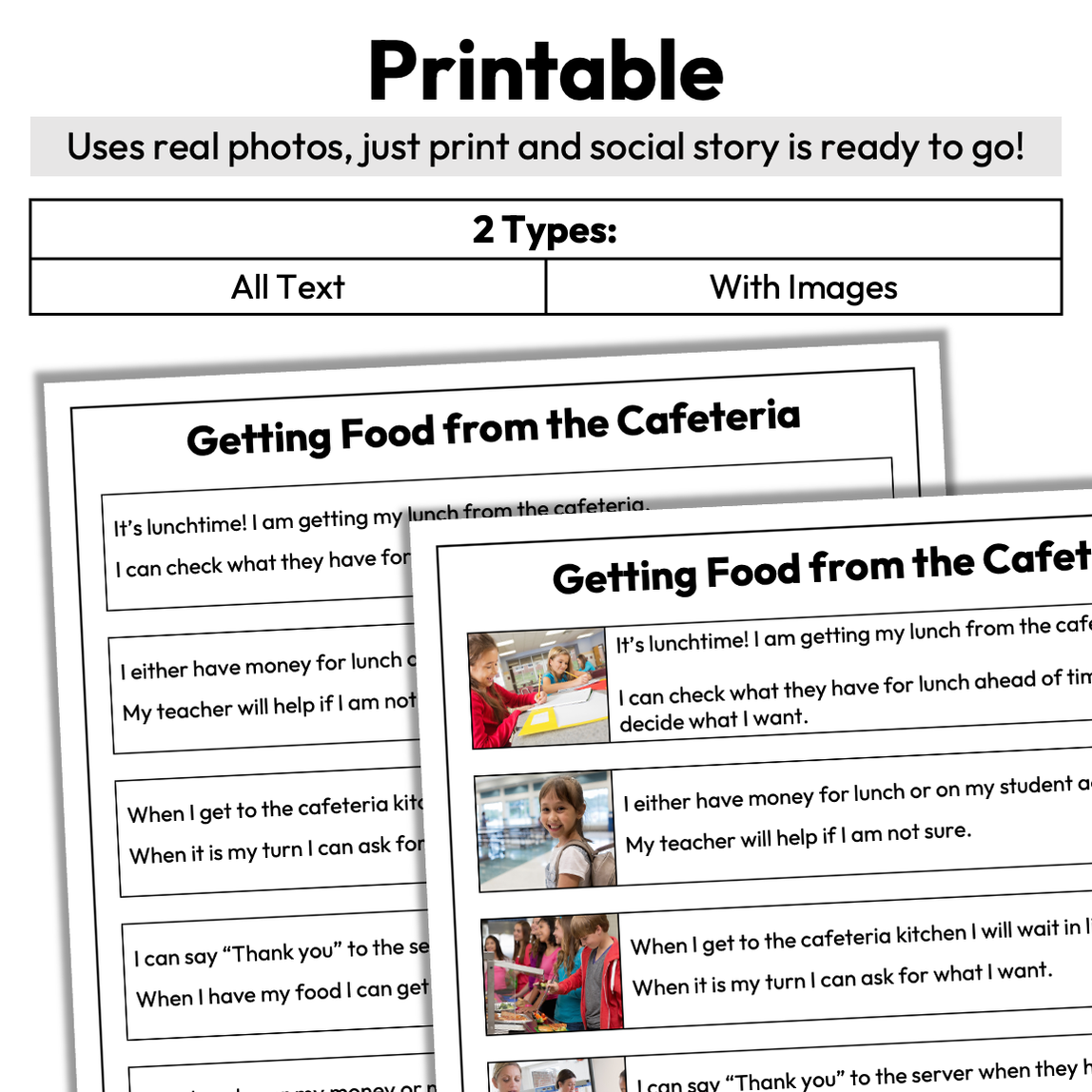 Getting Food in the Cafeteria | One-Page Social Story | Elementary ...