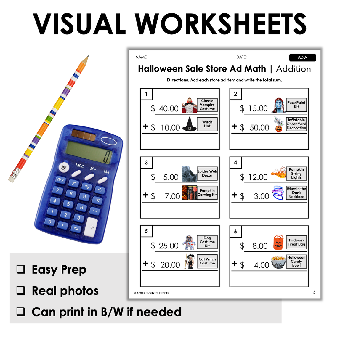 Halloween Store Ad Worksheets | Addition — Autism Grown Up