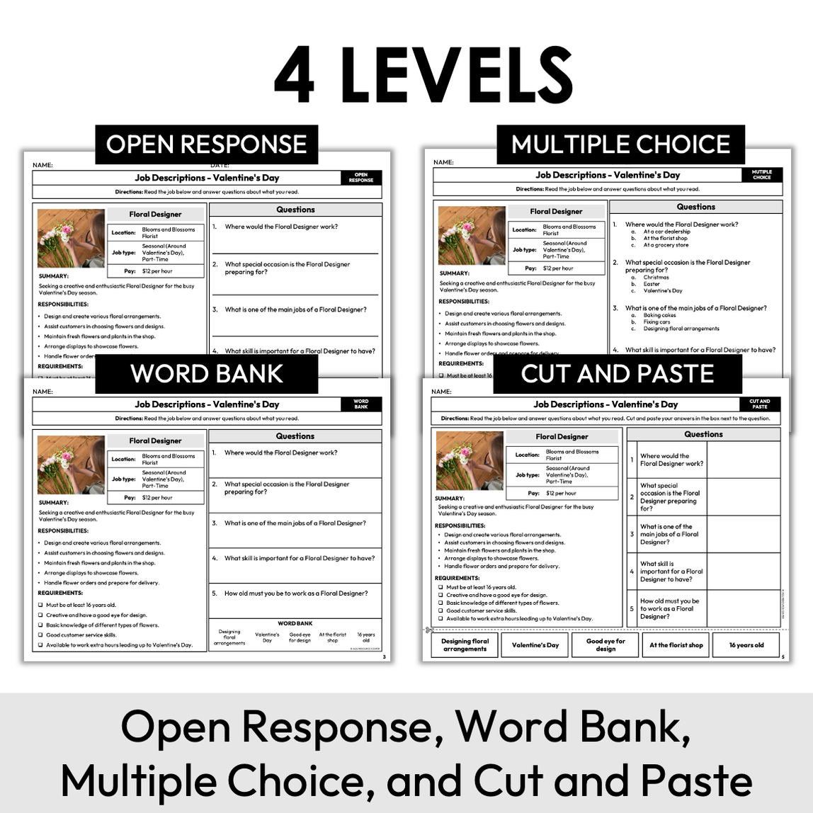 Valentine's Day Job Descriptions | Life Skills Worksheets for Special ...