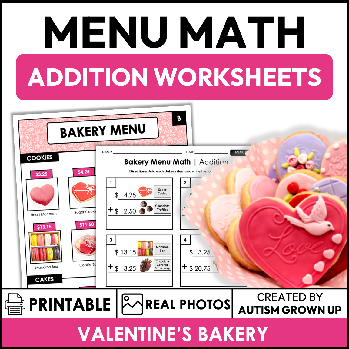 Menu Math Worksheets | Valentine's Bakery | Addition — Autism Grown Up