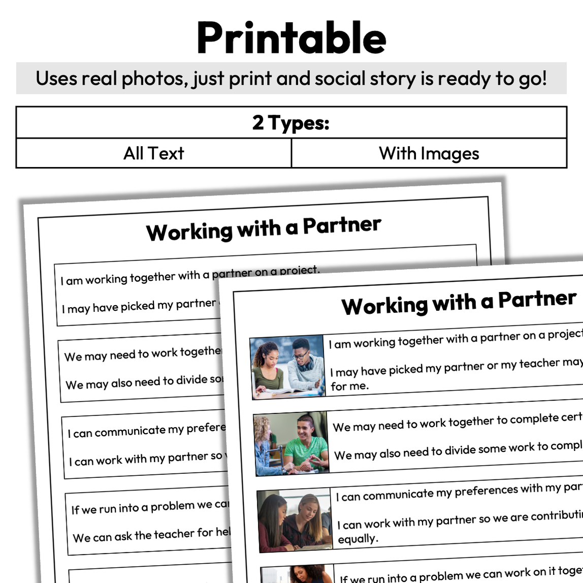 Working with a Partner | 1-Page Social Story | Middle and High School ...