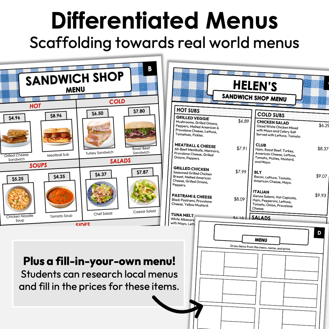 Menu Math Worksheets | Sandwich Shop | Addition — Autism Grown Up