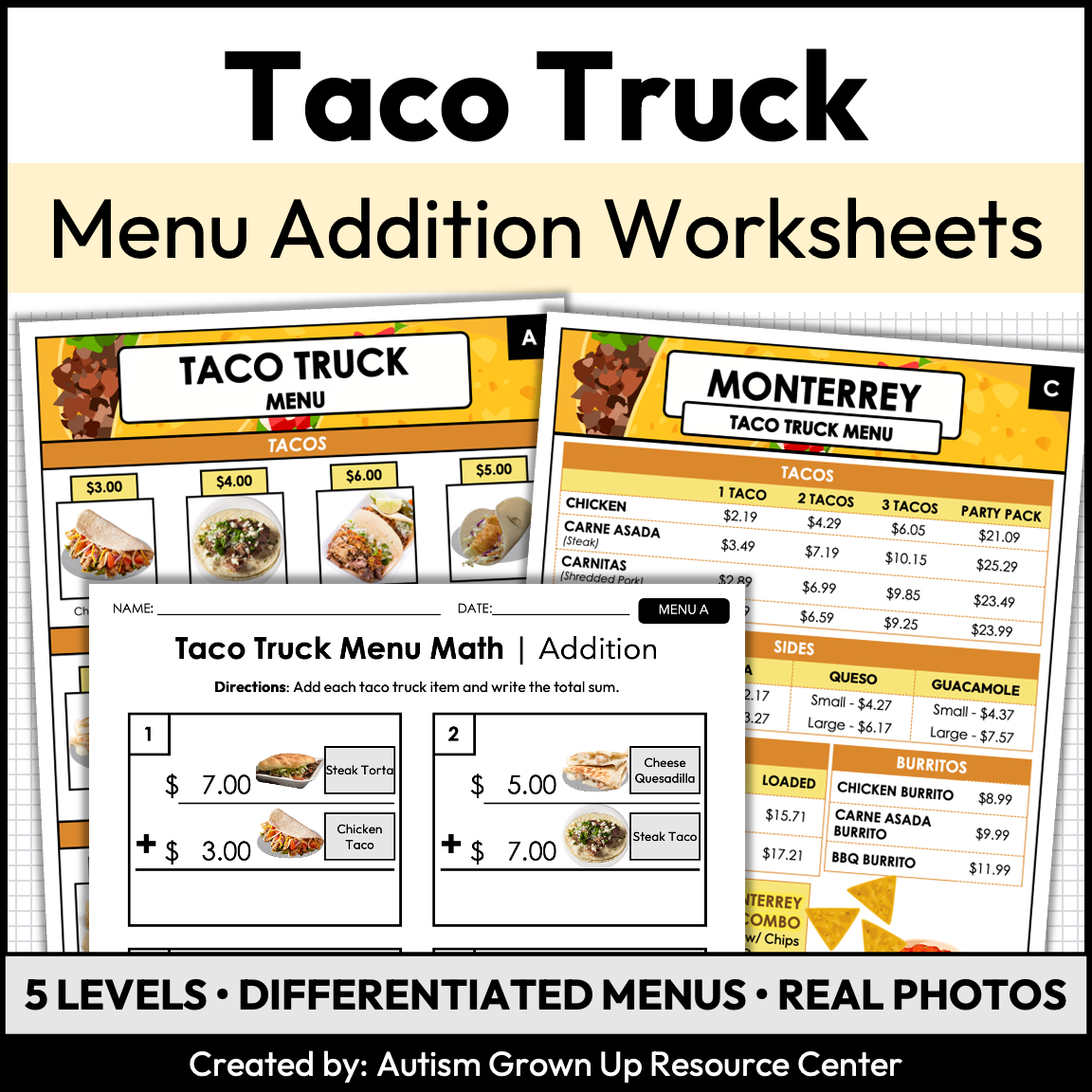 Menu Math Worksheets | Taco Truck | Addition — Autism Grown Up