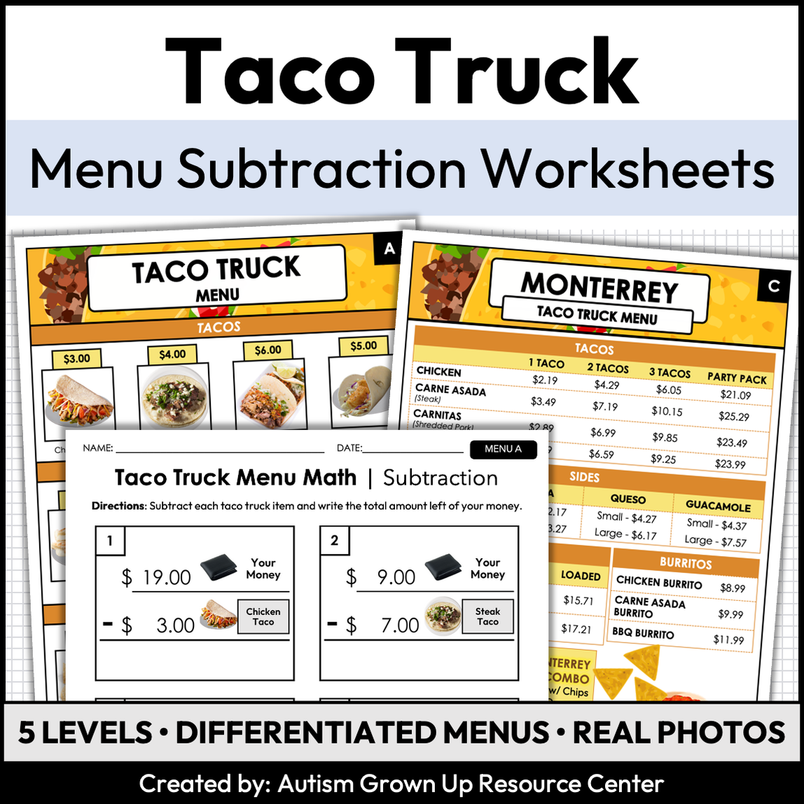 Menu Math Worksheets | Taco Truck | Subtraction — Autism Grown Up
