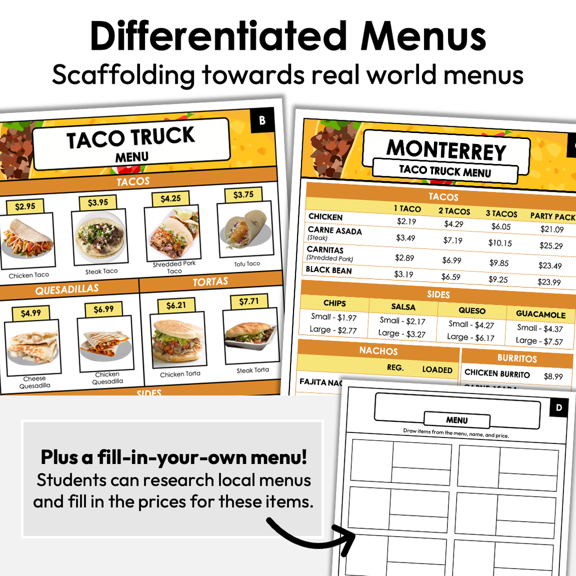 Menu Math Worksheets | Taco Truck | Addition — Autism Grown Up