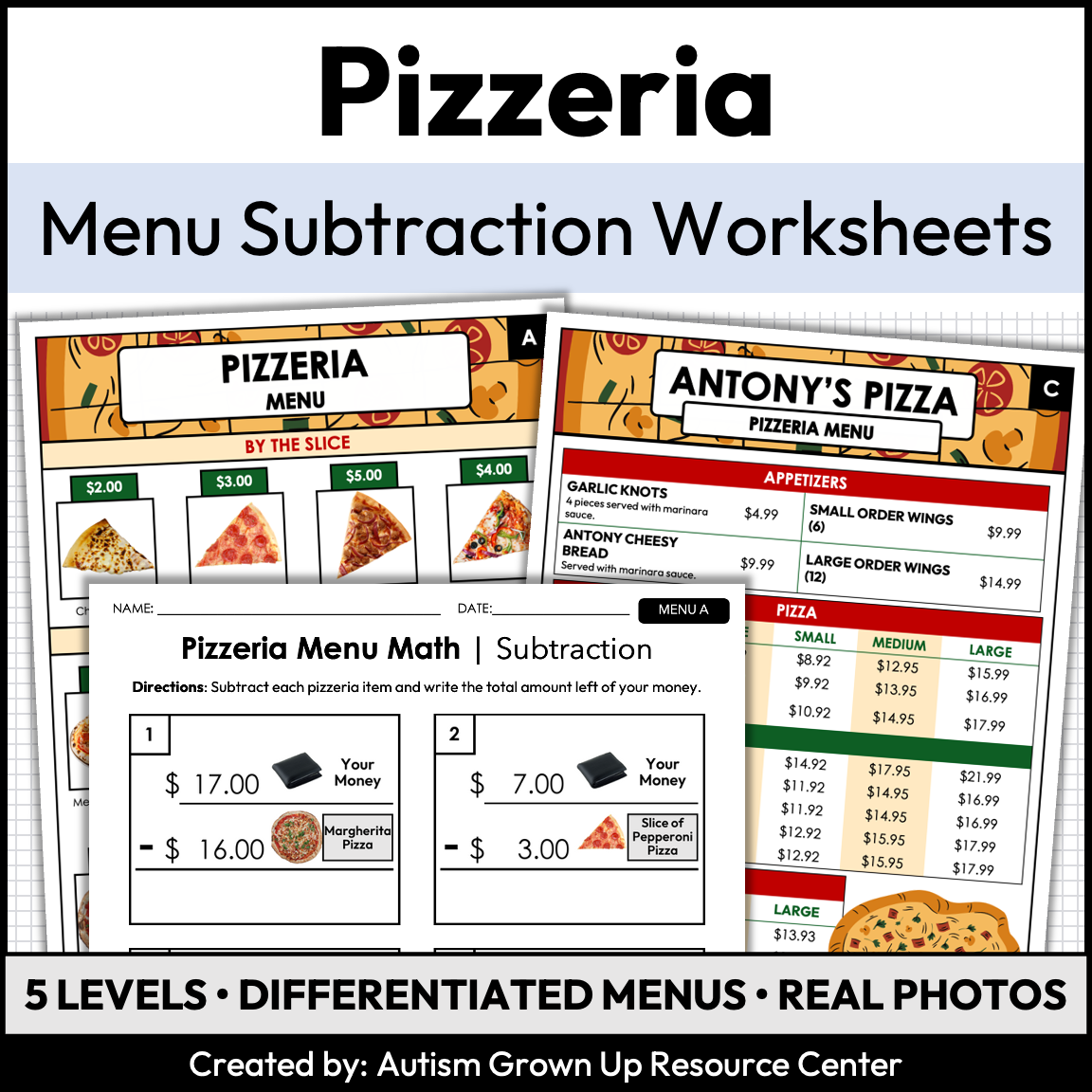 Menu Math Worksheets | Pizzeria | Subtraction — Autism Grown Up
