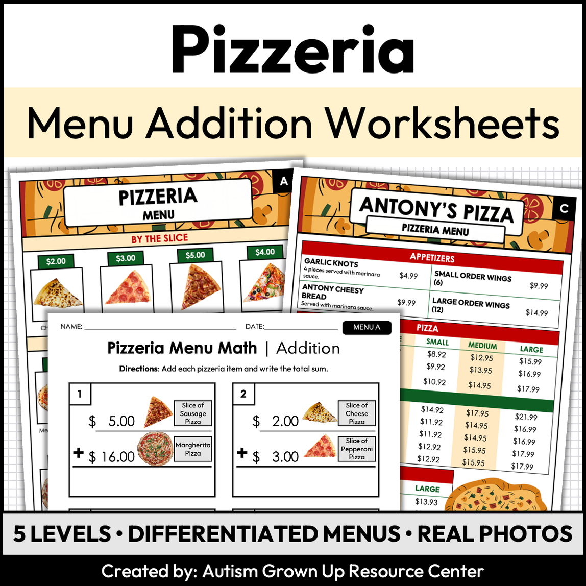 Menu Math Worksheets | Pizzeria | Addition — Autism Grown Up